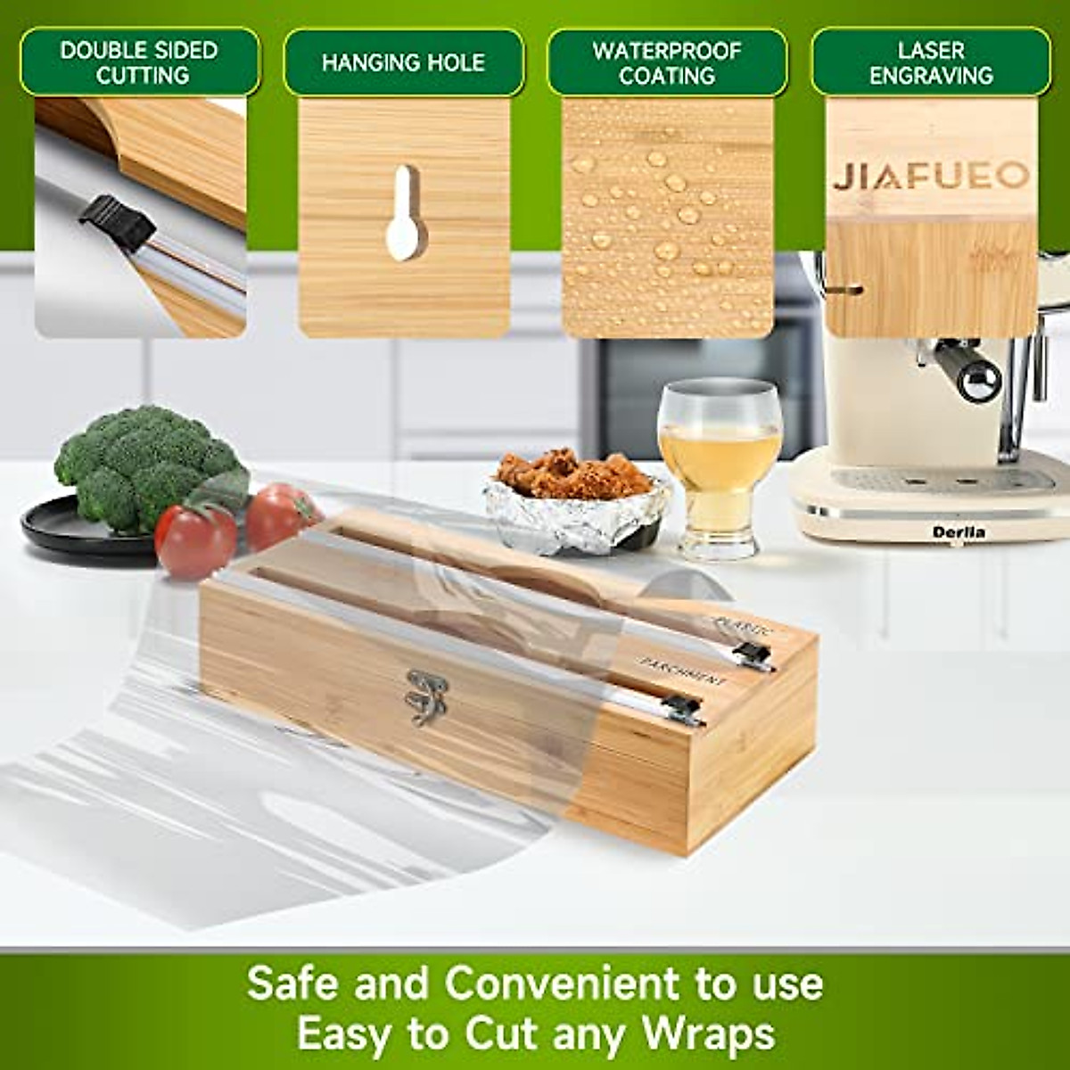 JIAFUEO Foil and Plastic Wrap Organizer, 2 in 1 Plastic Wrap Dispenser with Cutter and Labels, Aluminum Foil Organization and Storage, Bamboo 12" Roll Organizers Holder for Kitchen Drawer