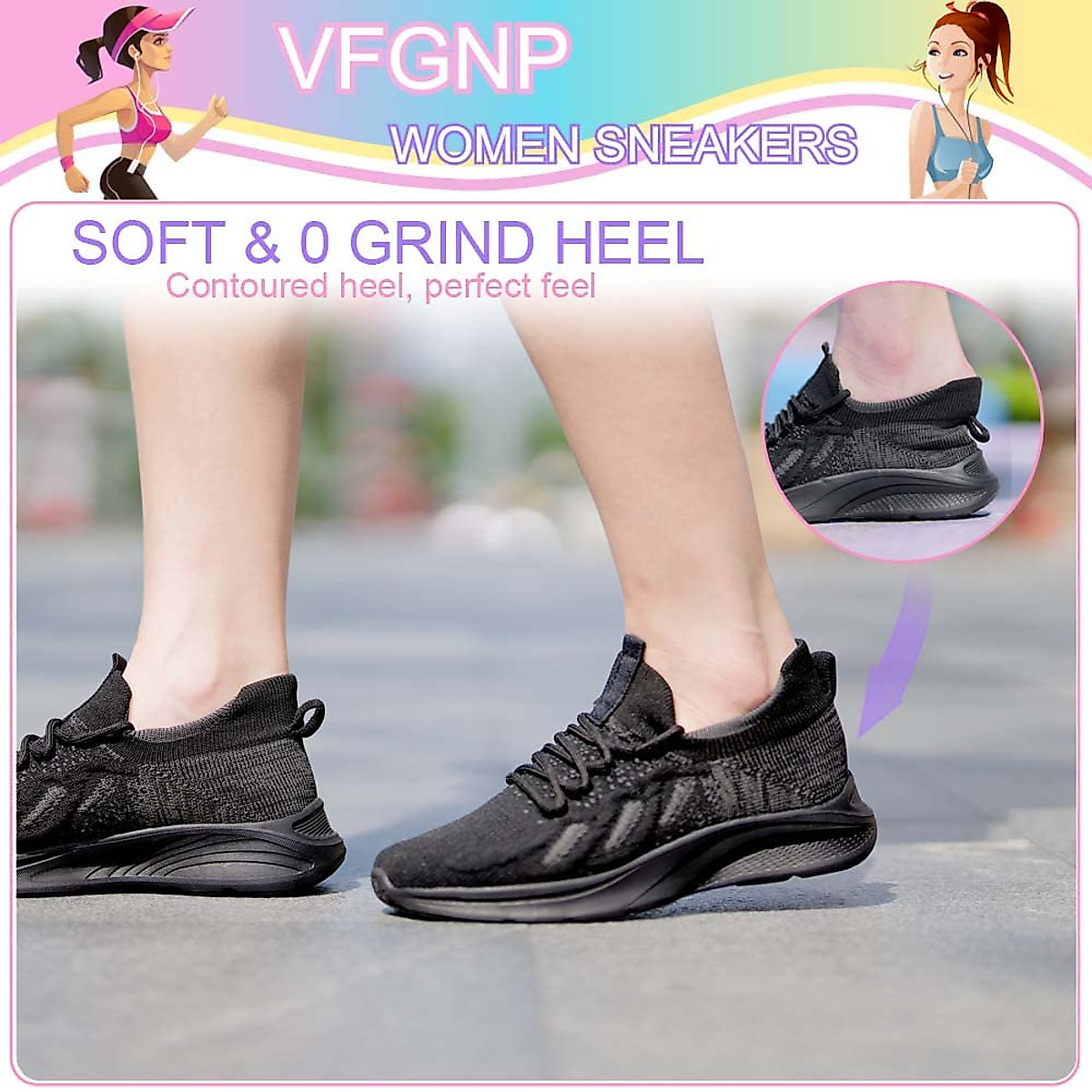VFGNP Running Shoes Womens, Sneakers for Women, Slip On Walking Tennis Shoe Black 8