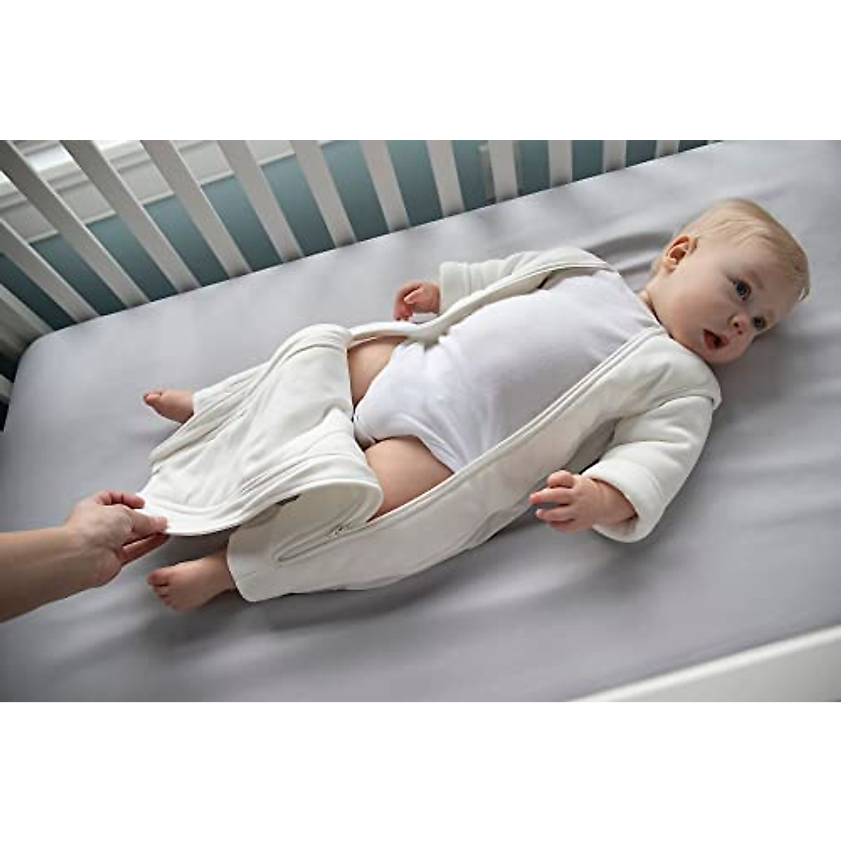 Baby Brezza 2-in-1 Double Zipper Baby Sleepsuit - Unique Swaddle Transition Sleepsuit - Breathable with Mesh Panels - Converts from Sleepsuit to Sleep Vest, 6-9 Months, Cream
