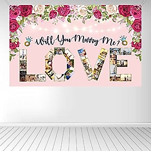 MEFENG Will You Marry Me Photo Backdrop Banner-Rose Diamonds and LOVE Sign Photo Banner-Proposal Announcement Engagement Wedding Bridal Shower Party Decor-Indoor Outdoor Photo Backdrop Banner.6*3.6feet