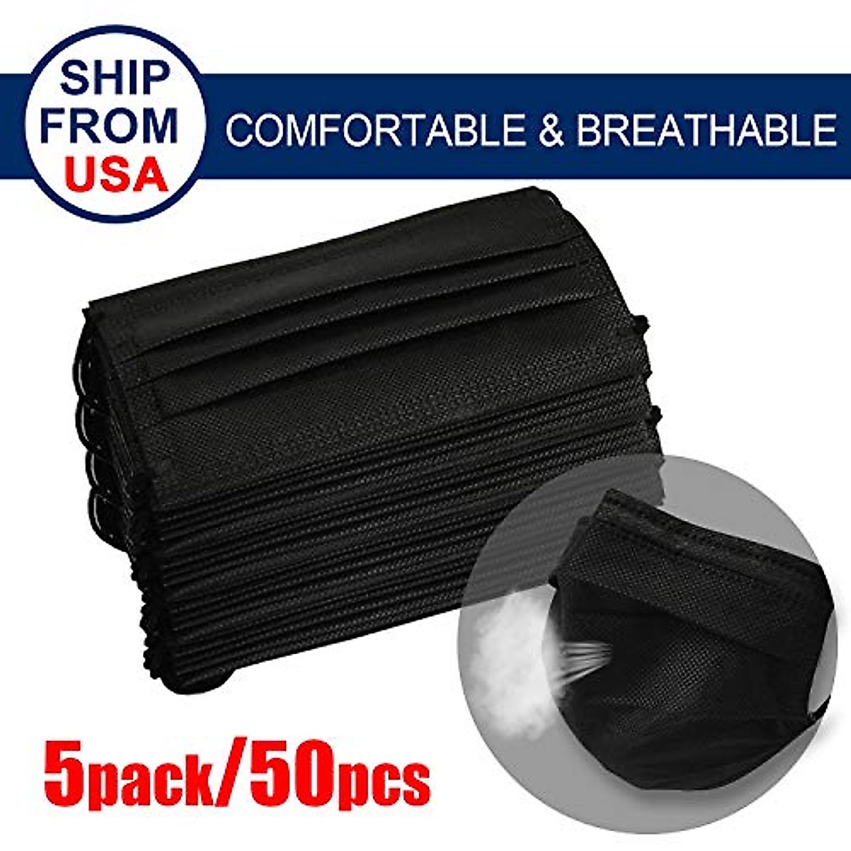 T·IMTEX Disposable 3 Ply Face Mask with Elastic Ear loops, Breathable and Comfortable Protective Masks with Melt-Blown Fabric for Filtering the Particulate Matter in the Air Pollution (Black)