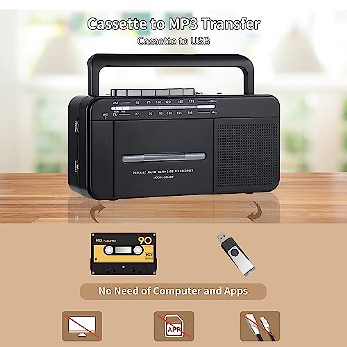 SEMIER Boombox MP3 Conversion Cassette Tape Player Recorder AM FM Radio, Cassette to MP3 Digital Converter, USB Recording, Built-in Microphone, Big Speaker and Earphone Jack by AC or C Batteries