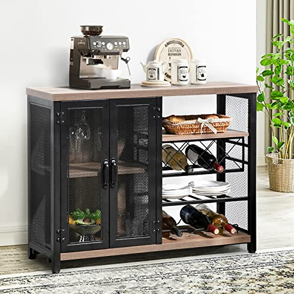 KFO Industrial Bar Cabinet for Liquor and Glasses, Farmhouse Metal Wood Coffee Bar Cabinet, Sideboard Buffet Cabinet, Wine Rack Table with Mesh Door for for Home Kitchen Dining Living Room, 40 Inch…