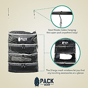 Pack Gear Suitcase Organizer | Pack More in your Large or Carry On Luggage | Unpack Instantly with these Compression Packing Cubes for Suitcases | Hanging Shelf Organizer for Closet (Black) (Medium)