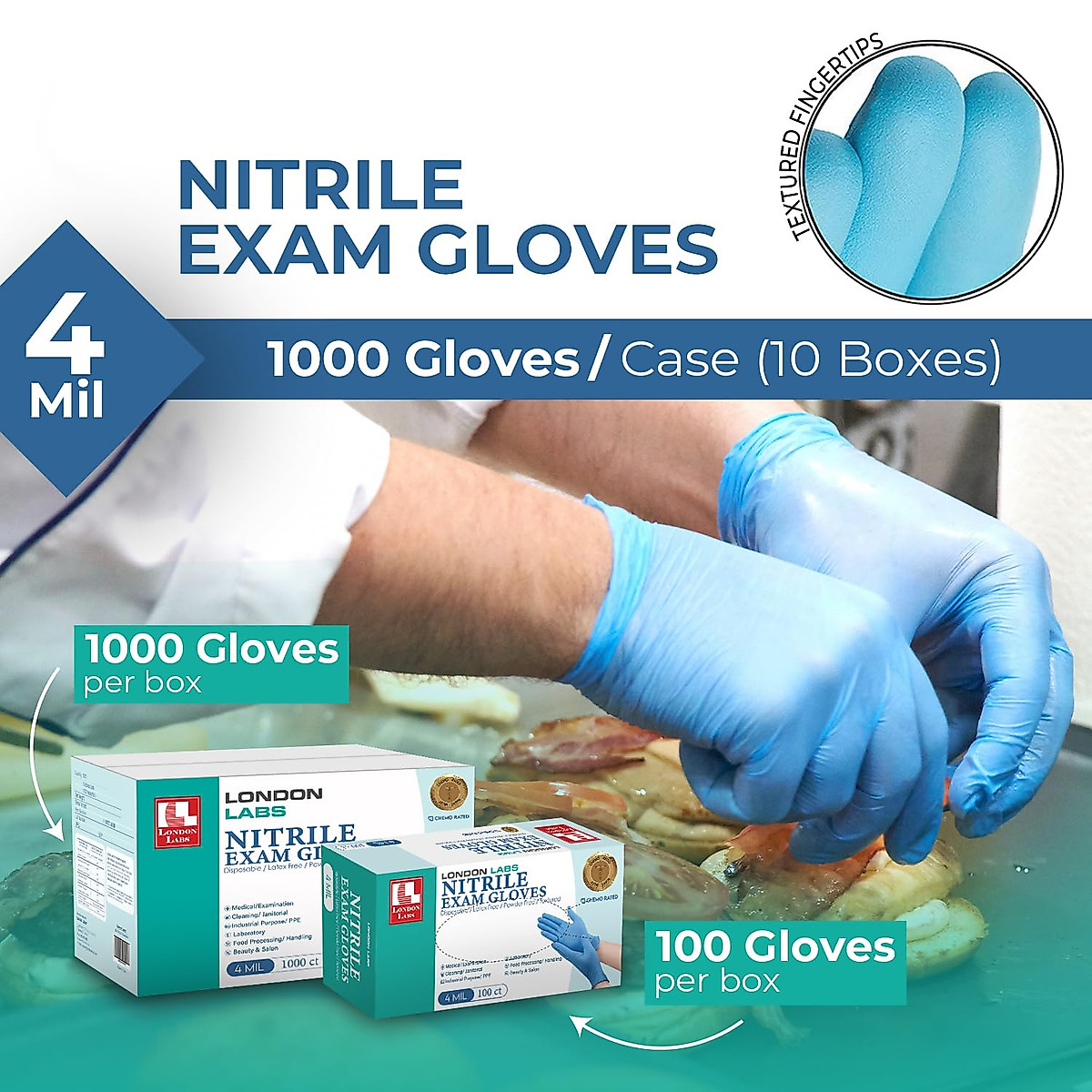 London Labs Nitrile Exam Gloves, 4 Mil Thick Chemo-Rated Disposable Gloves, Latex-Free & Powder-Free (100, X-Small)