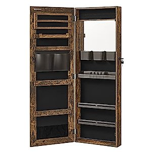 SONGMICS Jewelry Cabinet Armoire, Wall/Door Mount Storage Organizer with Full-Length Mirror, Lockable Cabinet with Built-in Small Mirror, Shelves, Gift Idea, Rustic Brown UJJC003X01