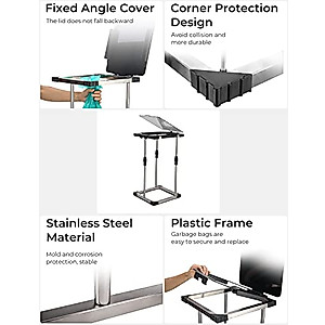 yamagahome Metal Trash Bag Holder, 16-28 Inch Height Adjustable Garbage Bag Holder with Lid, Clamp Ring and Corner Protection, Collapsible Outdoor Waste Bins, Trash Bag Stand for RV and Camping, Black