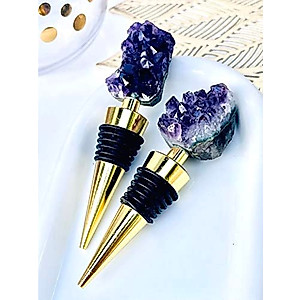 LUXE CRYSTAL CO. Natural Amethyst Teeth Raw Crystal Wine Stopper Bottle Gold Silver Handmade Wine Champagne Gifts for Her Bridal Shower Minimalist Decor (Silver)