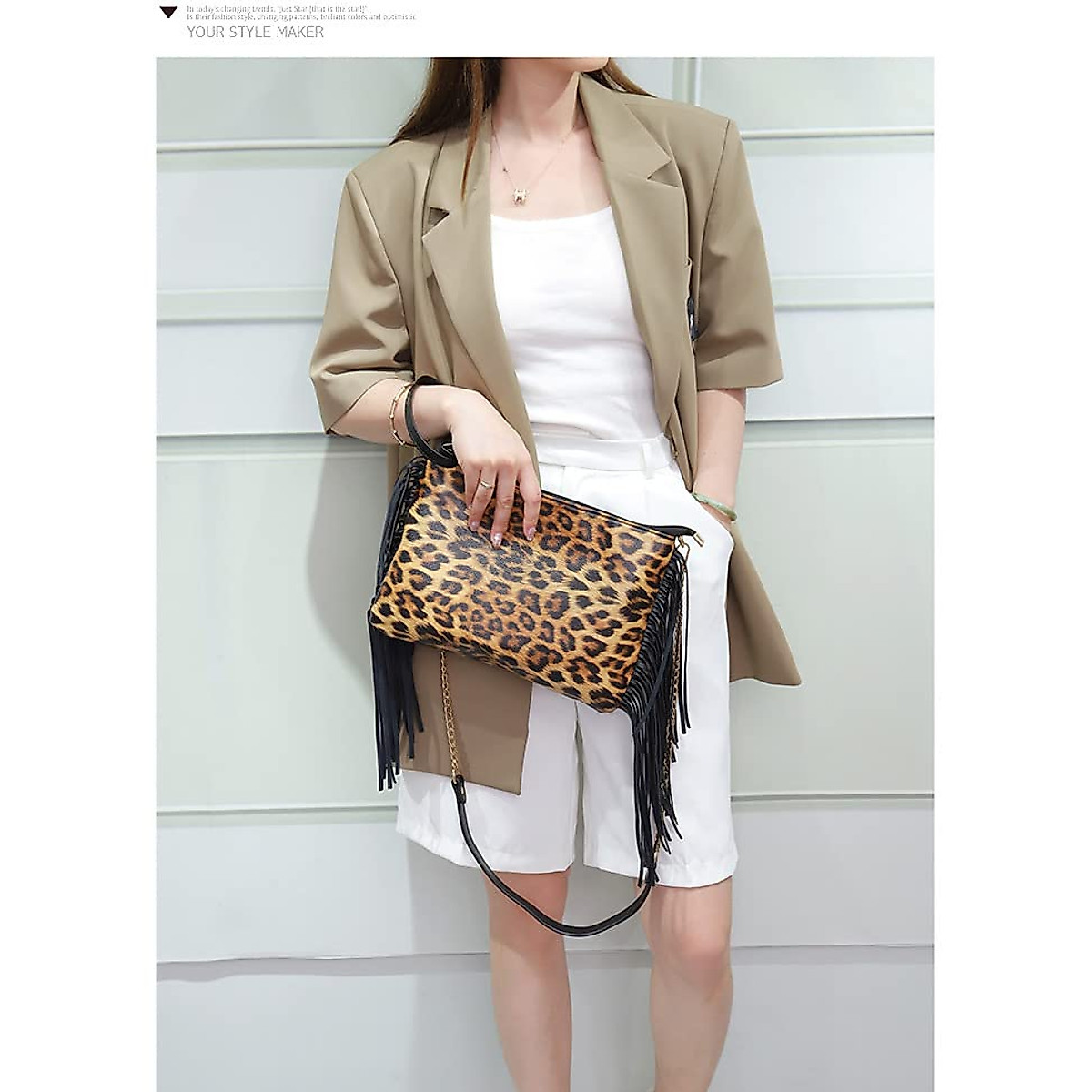 Leopard Print Purse Fringe Clutch Tassel Cheetah Women Wristlet Crossbody Envelope Evening Chain Bag