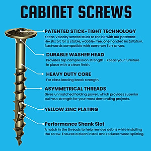 Velocity Cabinet Screws for Wood and T20 Torx Bits (Size #8 x 2 1/2"), – Zinc Plated Washer Head, Designed for Wood Screw Construction and DIY Projects (100 Count)