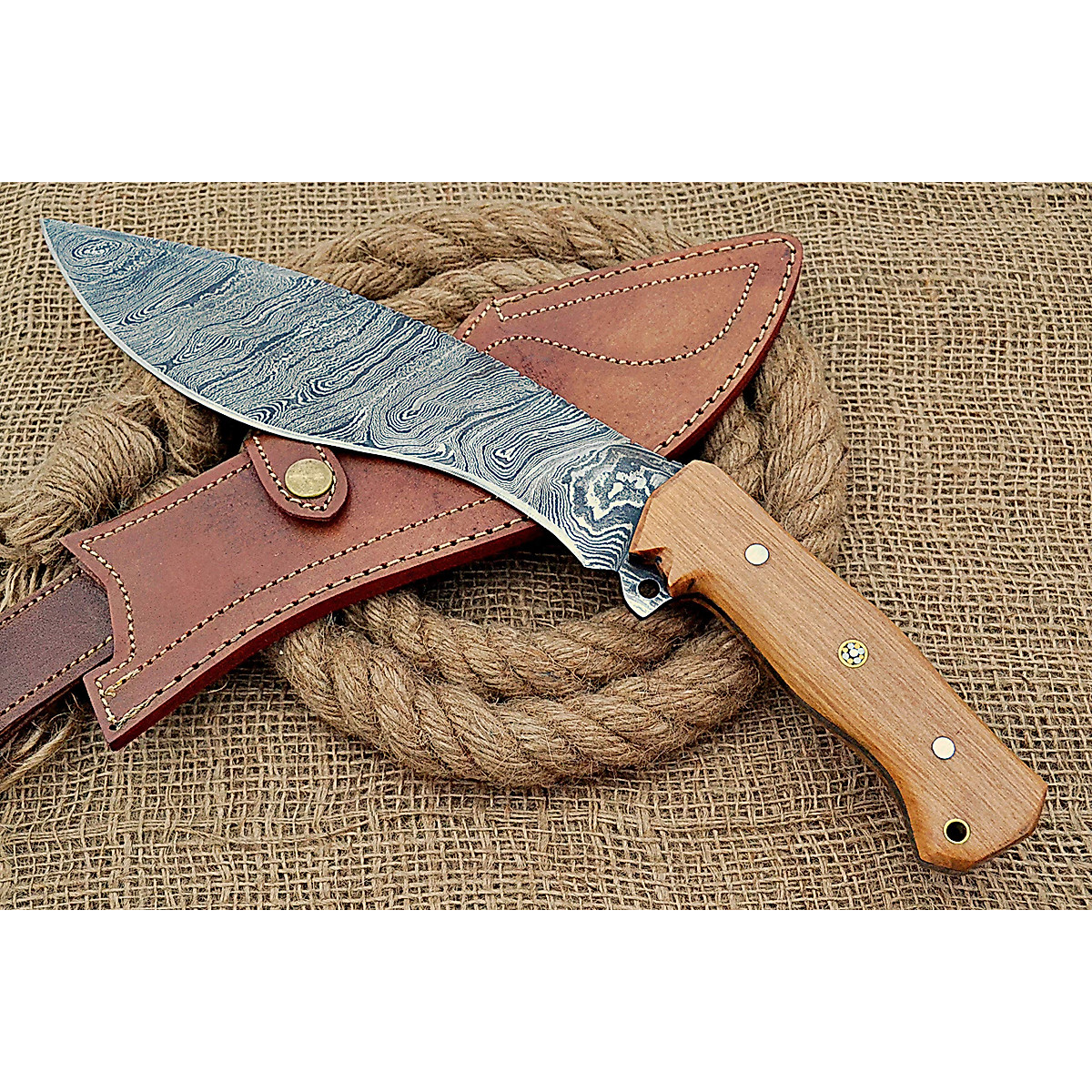 HUNTEX Handmade Hand-Forged Twist Pattern Damascus Steel 15 Inch Long Full Tang Natural Oak Wood Handle Razor Sharp Hunting Camping Kukri Knife w/Genuine Leather Sheath