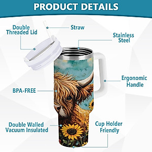 Nesatuwa 30 oz Sunflowers Highland Cow Tumbler with Handle and Straw Lid,Reusable Stainless Steel Vacuum Insulated Tumbler Leakproof Travel Coffee Mug for Iced and Hot Beverages