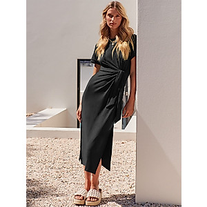 ANRABESS Women's 2025 Summer Maxi Tshirt Dress Short Sleeve Crewneck Tie Waist Casual Slim Fit Slit Spring Long Beach Dresses Black Medium