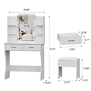 Small Vanity Desk with Mirror and Lights, Makeup Vanity Mirror with Lights Desk and Chair & 6 Shelves Compact White Vanity Mirror with RGB LED Lights 3 Lighting Adjustable Dressing Table for Women