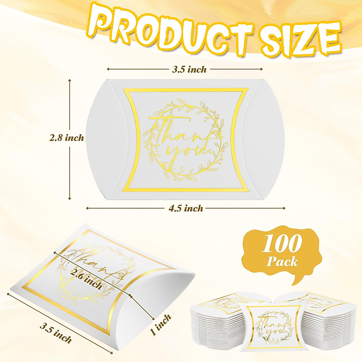 Tenceur 100 Pcs Thank You Pillow Boxes 3.5x2.4x1 Inch Wedding Favor Pillow Boxes Paper Thank You Gift Boxes for Favors Candy Treat Boxes for Wedding Birthday(White, Gold)
