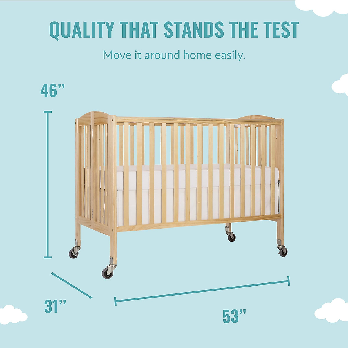 Dream On Me Folding Full Size Convenience Crib In Natural, Two Adjustable Mattress Height Positions, Comes With Heavy Duty Locking Wheels, Flat Folding