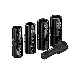 ARES 59010-5-Piece 1/2-inch Drive Lug Nut Flip Socket Set - Includes 17mm, 19mm, 21mm, 22mm Metric Sizes & 3/4-Inch, 13/16-Inch, 7/8-Inch, 15/16-Inch SAE Sizes - Impact Grade Chrome-Moly Steel