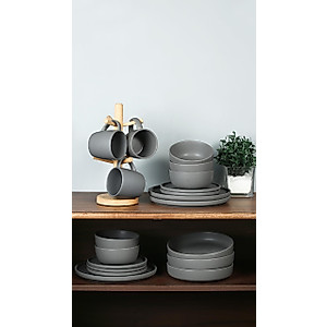 Famiware Dawn Plates and Bowls Sets, 12 Pieces Stoneware Dinnerware Sets, Dishes Set for 4, Microwave and Dishwasher Safe, Dark Gray