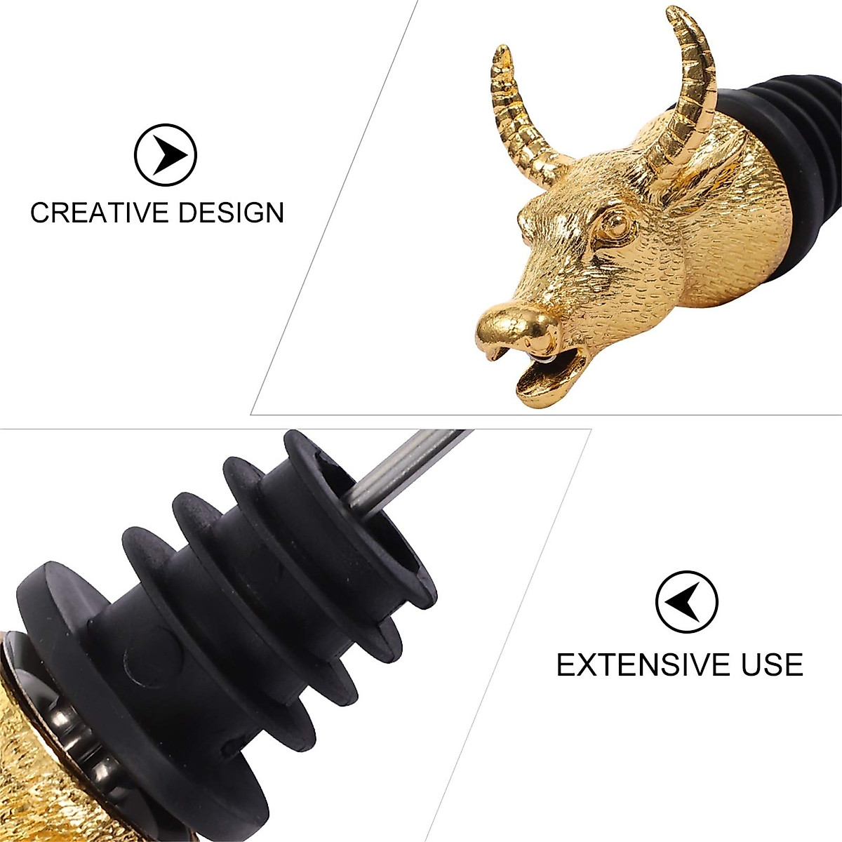Cabilock Bull Wine Pourer Bull Bottle Stopper and Pourer Animal Head Wine Aerators Liquor Pour Spout Golden for Olive Oil Champagne Beer Wine Dispenser