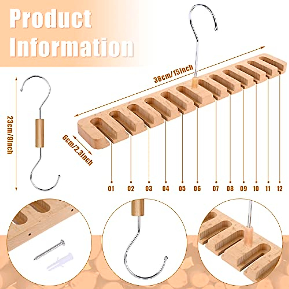 2 Pack Belt Hanger for Closet 2 in 1 Wooden Belt Organizer Wall Mount Belt Holder Storage Belt Rack Display Tie Rack Hooks with Through-The-Wall Nails/360°Swivel Hook Belt Holder for Closet Wall Door