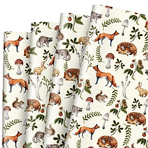 AnyDesign Woodland Wrapping Paper - Not Roll - 28'' x 40'' Vintage Forest Animal Plant Gift Wrap Paper Bulk Folded Flat Watercolor Art Paper for Birthday Baby Shower DIY Craft Supplies, 6 Sheet