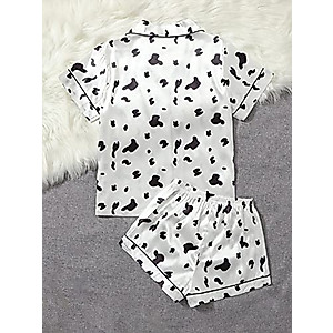 WDIRARA Women's Sleepwear Cow Print Satin Short Sleeve Shirt and Shorts Pajama Set Black and White L