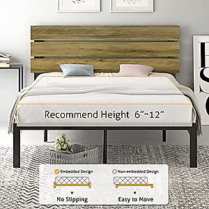 SHA CERLIN Queen Size Bed Frame, Metal Platform Bed with Wooden Headboard and Strong Metal Slats, Mattress Foundation, Rustic Country Style, No Box Spring Needed, Light Brown