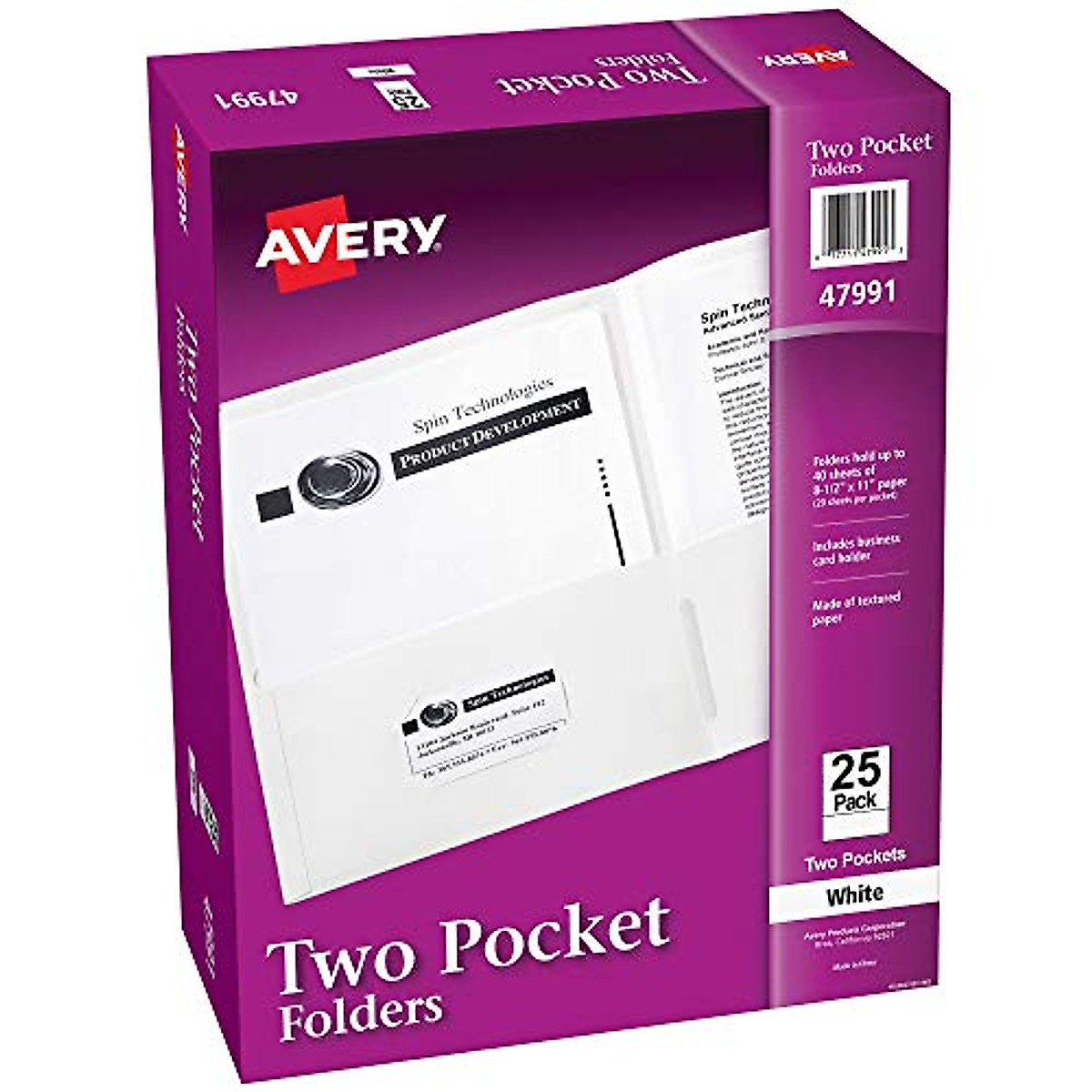 AVERY Two Pocket Folders, Holds up to 40 Sheets, Business Card Slot, 25 White Folders (47991)