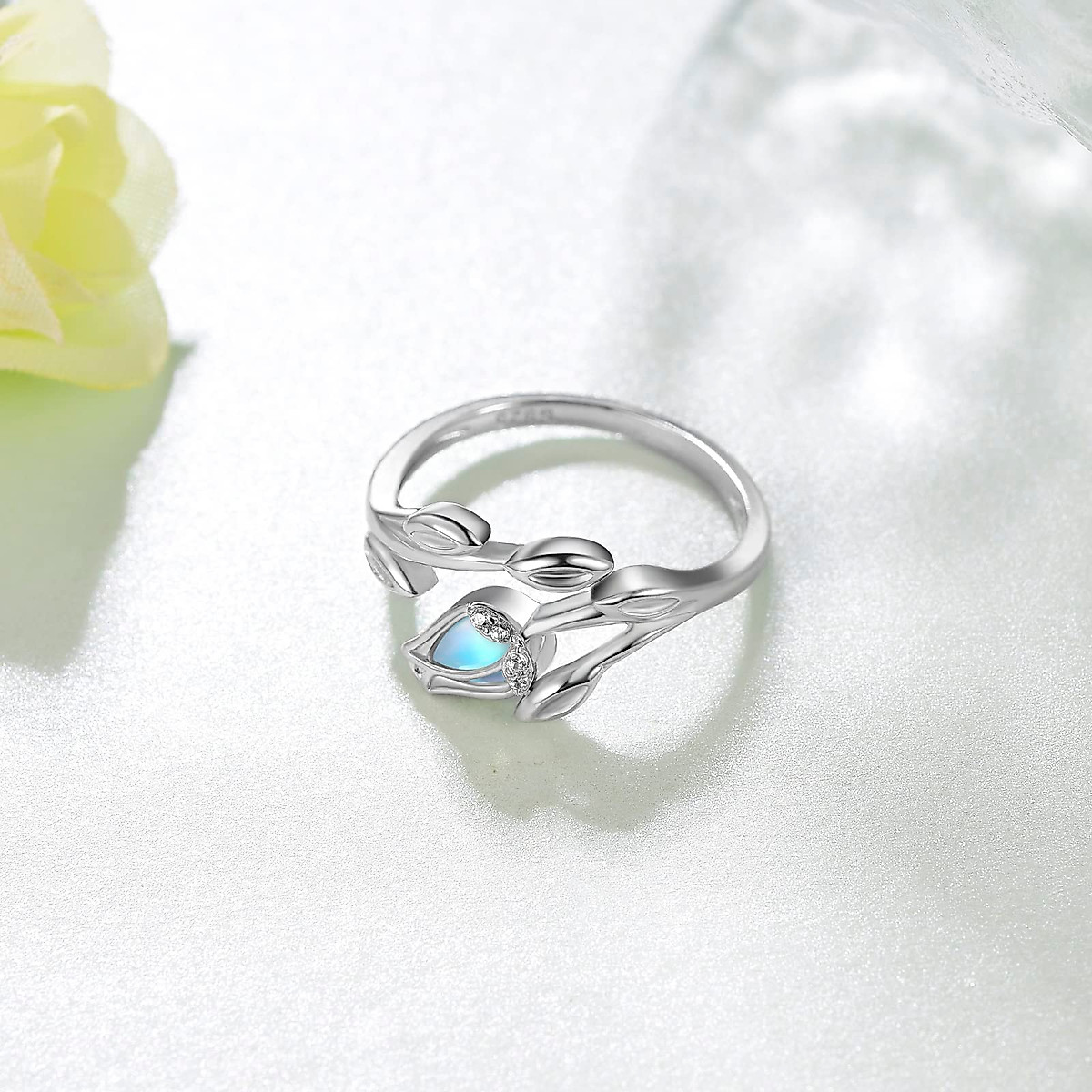 SCZKLAQ Moonstone Flower Rings for Women 925 Sterling Silver Moonstone Rings Adjustable Moonstone Ring Jewelry Gifts for Women