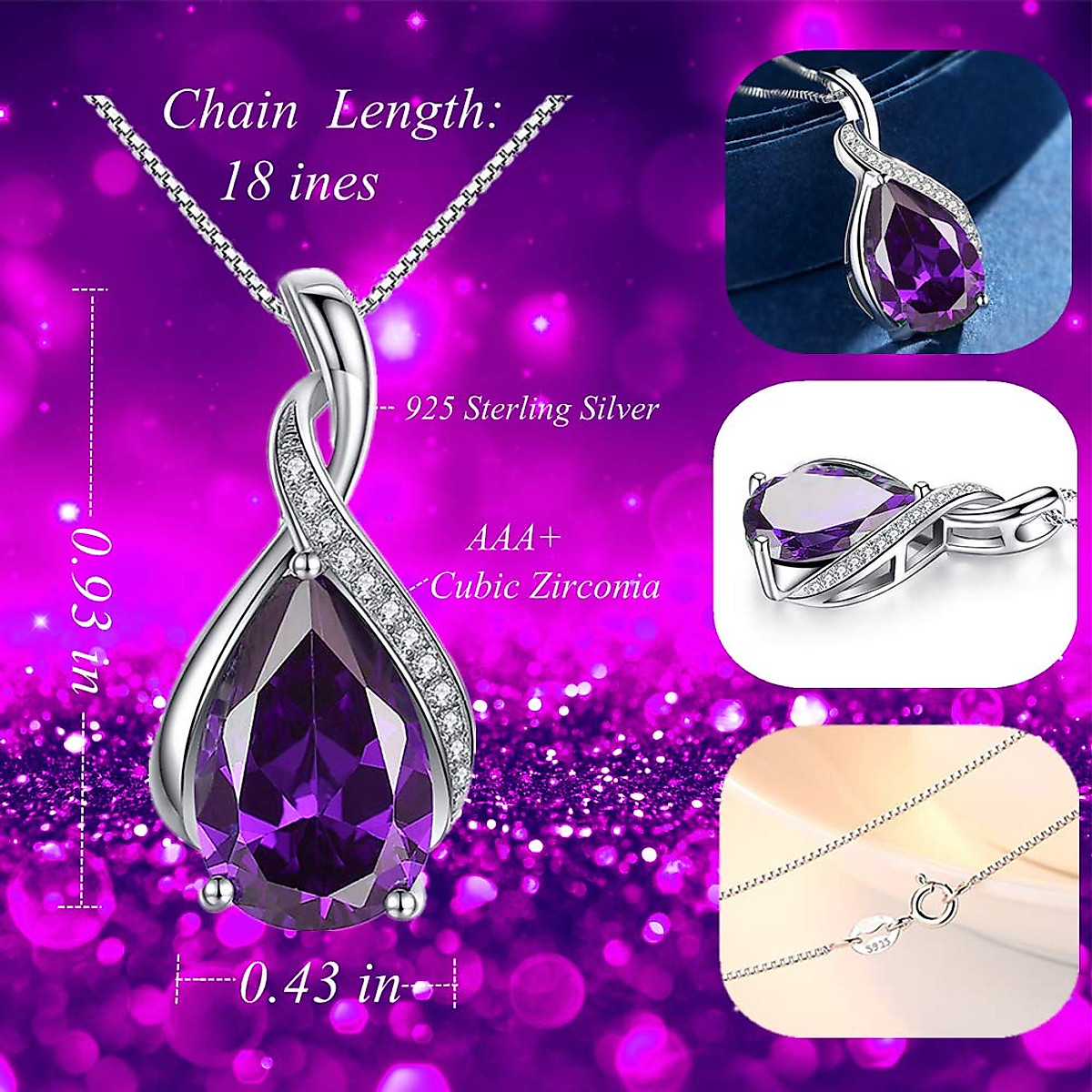 MABELLA Sterling Silver Pendant Necklace Simulated Amethyst Birthstone Jewelry Gifts for Women Mother's Day/Birthday/Anniversary