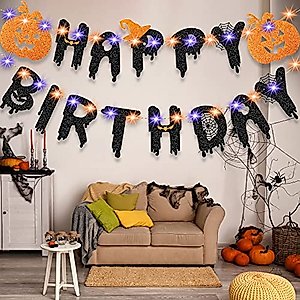 Enhon Halloween Birthday Party Decorations, Happy Birthday Banner with Orange and Purple String Lights, Lighted Spooky Themed Party Supplies for Indoor Outdoor Front Door Garden Golf Car Trailer Decor