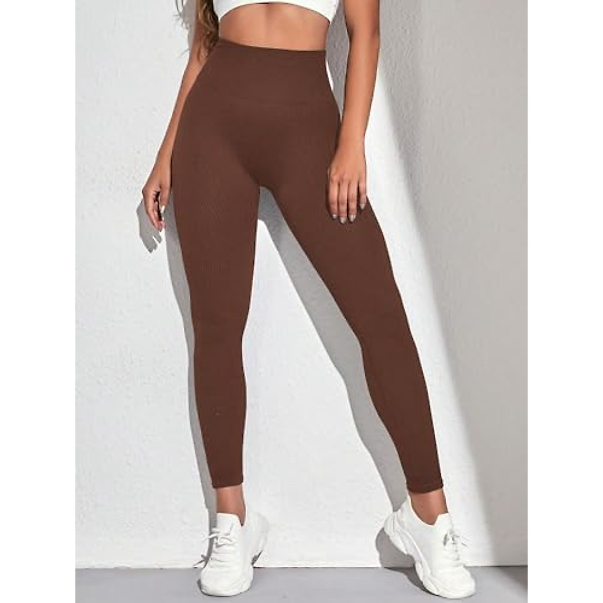Workout Leggings for Women Tummy Control Ribbed Seamless Gym Leggings High Waist Compression Yoga Pants Black Brown