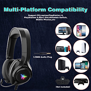 Gaming Headset with Microphone for Playstation 5, Double Head Beam Suspended Soft Soft Memory Earmuffs, 7.1 Surround Sound Wired Headset LED Light for PS5, PC, PS4, iMac, Laptop