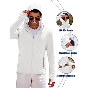 COOFANDY Mens UPF 50+ Cooling Hooded Jacket Long Sleeve Zip Up Shirts Fishing Shirts with Pockets White