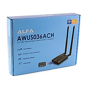 Alfa Long-Range Dual-Band AC1200 Wireless USB 3.0 Type-C Wi-Fi Adapter w/2x 5dBi External Antennas – 2.4GHz 300Mbps/5GHz 867Mbps – 802.11ac & A, B, G, N
