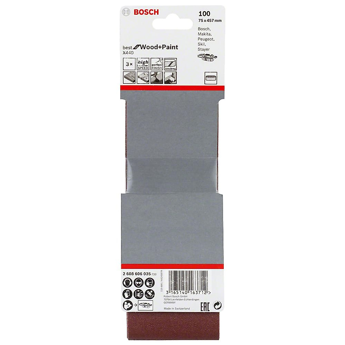 Bosch 3x X440 Best for Wood and Paint Sanding Belt (for Wood, Paint, Chipboard, 75 x 457 mm, Grit 100, Professional Accessories for Belt Sanders from Most Brands)