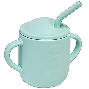 Adocham 100% Silicone Baby Cup With Straw & 2 Handles,Food Grade Toddler Infant Sippy Training Cups Spill Proof,BPA-Free,6 Months+,5oz (Cyan)
