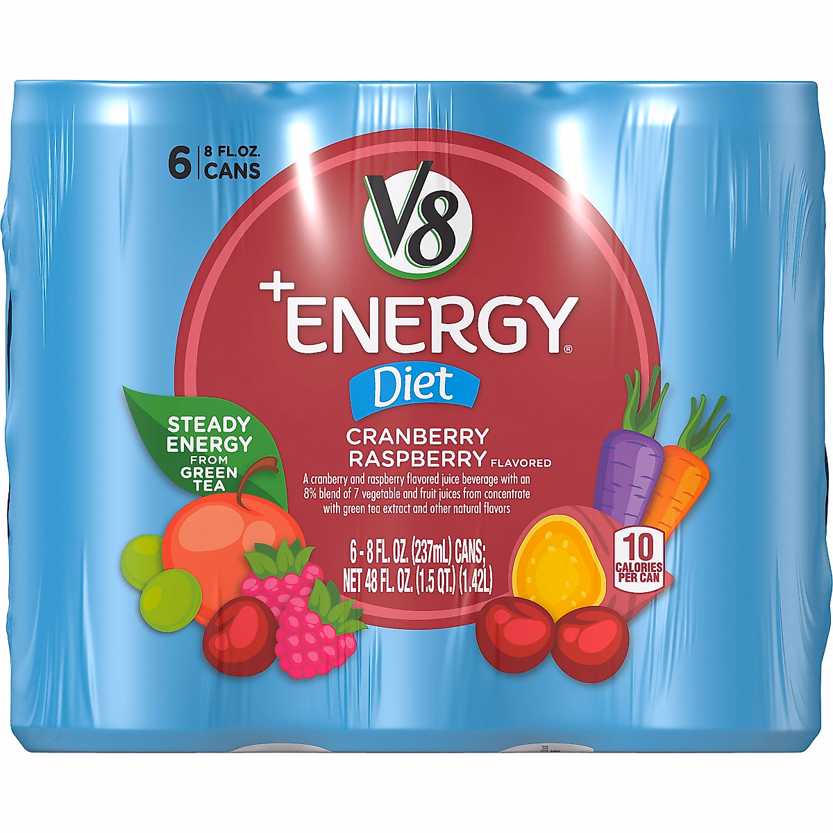 V8 +Energy, Healthy Energy Drink, Natural Energy from Tea, Diet Cranberry Raspberry, 8 Fl Oz (Pack of 6)
