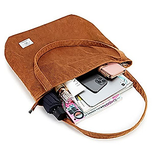 KALIDI Women Corduroy Tote Bag Large Shoulder Bag with Zipper Pockets Big Capacity Casual Handbags Shopping Bag for Girls, Brown