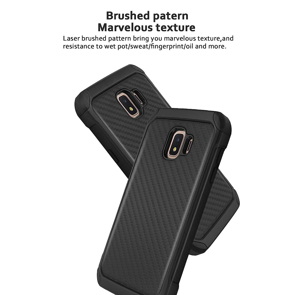 TJS Phone Case Compatible with Samsung Galaxy J2 Core/J2 2019/J2 Pure/J2 Dash/J2 Shine, Hybrid Shock Absorbing Carbon Fiber Back Hard TPU Inner Layer (Black)