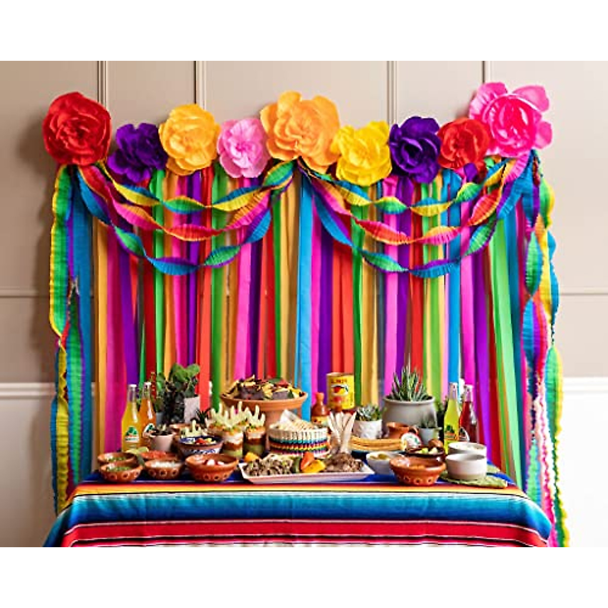 Riles & Bash Fiesta Streamer Backdrop with Crepe Paper Flowers and Ruffled Streamers (Fiesta)