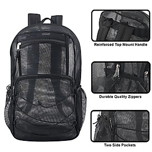 Deluxe Mesh Backpack with Bungee Cord & Adjustable Padded Straps, for Swimming, School, Travel (Black)