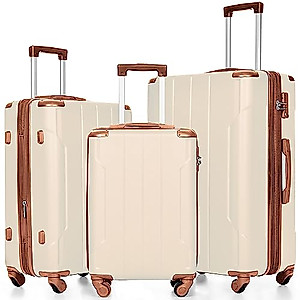 Merax Suitcases With Wheels Hardside Luggage Sets 3 Piece, Expandable And Lightweight, Travel Suitcases For Woman And Man (White Brown)