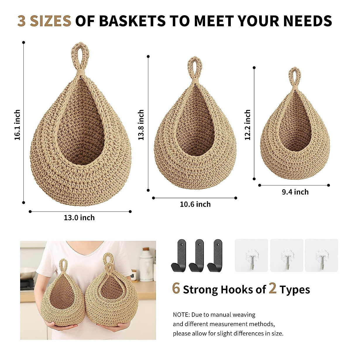 INJORAN Boho Wall Hanging Fruit Baskets for Kitchen 3 Pack Woven Produce Holder with 6 Pcs Strong Hooks Vegetable Hanging Basket for Organizing Teardrop Home Wall Potato Onion Storage, Linen