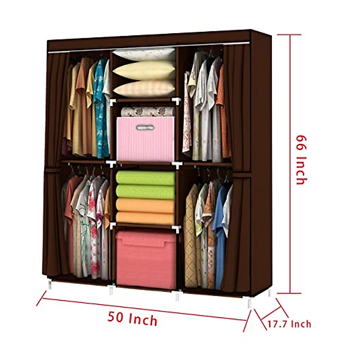 YOUUD Portable Closet 50 Inch Wardrobe Closet for Hanging Clothes with Non-Woven Fabric Cover, 4 Hang Rods and 4 Clothes Storage Organizer Shelves, Brown Clothes Closet Quick and Easy Assembly