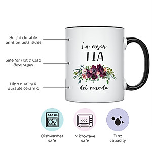 YouNique Designs La Mejor Tia – Portable Coffee Mugs 11 Oz Aunt Gifts from Niece, Nephew, Best Aunt Ever Gifts, Christmas, Birthday Gifts for Aunt Ceramic Coffee Cup & Tea Mug (Black Handle)