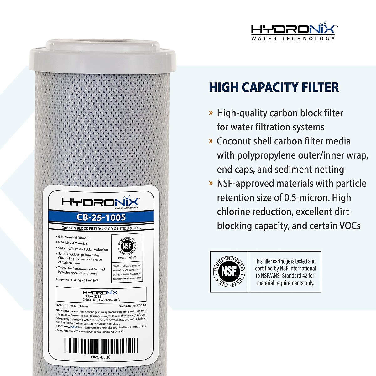 Hydronix 4 Pack Carbon Block Water Filters Coconut Shell CTO for Whole House, RO, DI, Hydroponics - 10" x 2.5", 5 Micron