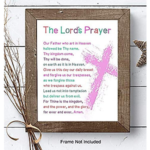 Lords Prayer Bible Verse Wall Art - Religious Scripture Girls Bedroom Decor - Christian Daughter Gifts for Toddler, Baby Girls Room - Blessed Church Sunday School Kids Decorations - Pink Cross Poster