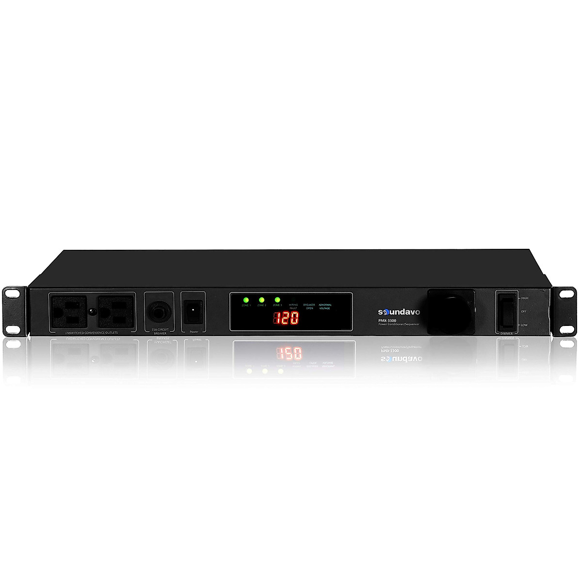 Soundavo PMX-3300 Power Conditioner and Surge Sequencer 10 Protected Outlets and 3 Zones 15A with LED Voltmeter Display & Pullout Light Black