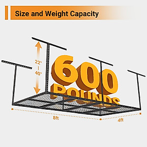 eShelf 4ftx8ft Overhead Garage Storage Rack, Heavy-Duty Metal Garage Ceiling Storage Rack, 22''-40" Adjustable Ceiling Drop-Down, 600 lb. Loading Weight Capacity, Black